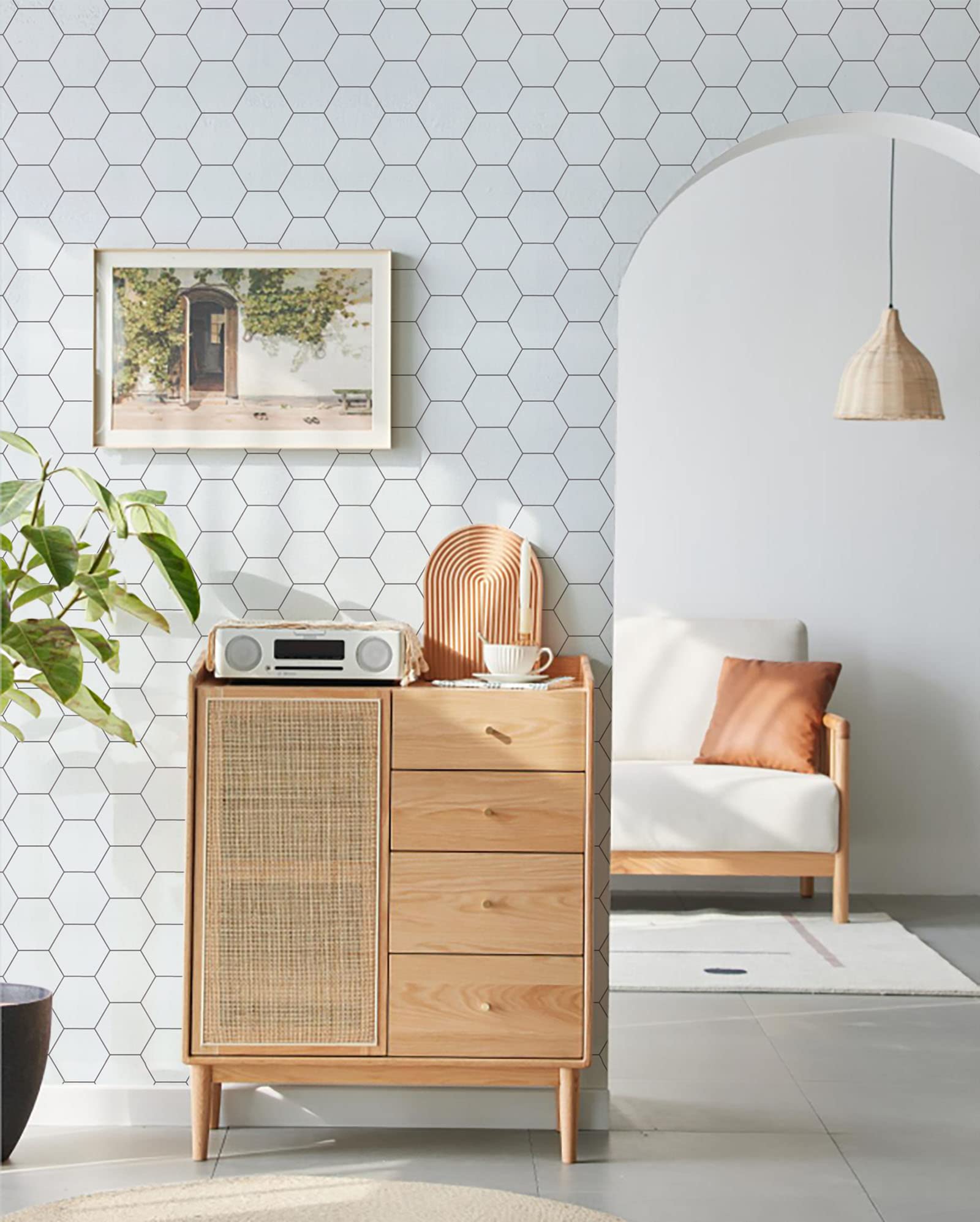 Fiula White Hexagon Wallpaper Peel and Stick Wallpaper Grey and White Wallpaper Removable Wallpaper White Trellis Wallpaper Vinyl Wallpaper 17.3”×78.7”