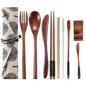 oka reusable wooden travel cutlery set japanese style lunch utensil set with case,9 pcs wooden flatware including reusable knife fork spoon chopsticks straws & cleaning brush