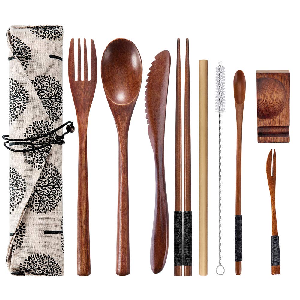 OKA Reusable Wooden Travel Cutlery Set Japanese Style Lunch Utensil Set with Case,9 Pcs Wooden Flatware Including Reusable Knife Fork Spoon Chopsticks Straws & Cleaning Brush