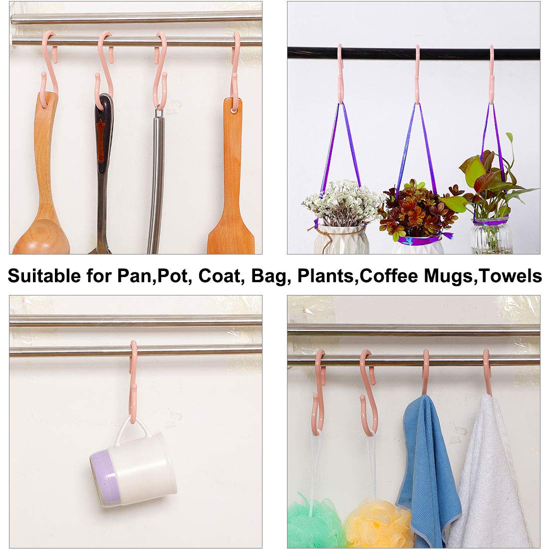 uxcell 16 Pack S Shaped Hooks Plastic Hanger for Kitchen Bathroom Closet Holder Pots and Pans Cups Utensils Coats Towels Hanging Pink