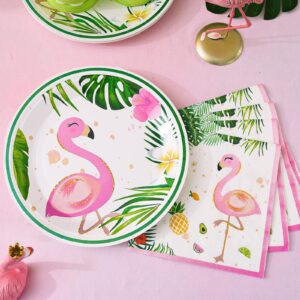 WERNNSAI Flamingo Plates and Napkins Set - Serves 50 Guests 100 PCS Hawaiian Luau Party Supplies Disposable Tableware Set Dinner Luncheon Plates Napkins for Birthday Baby Shower Wedding Party