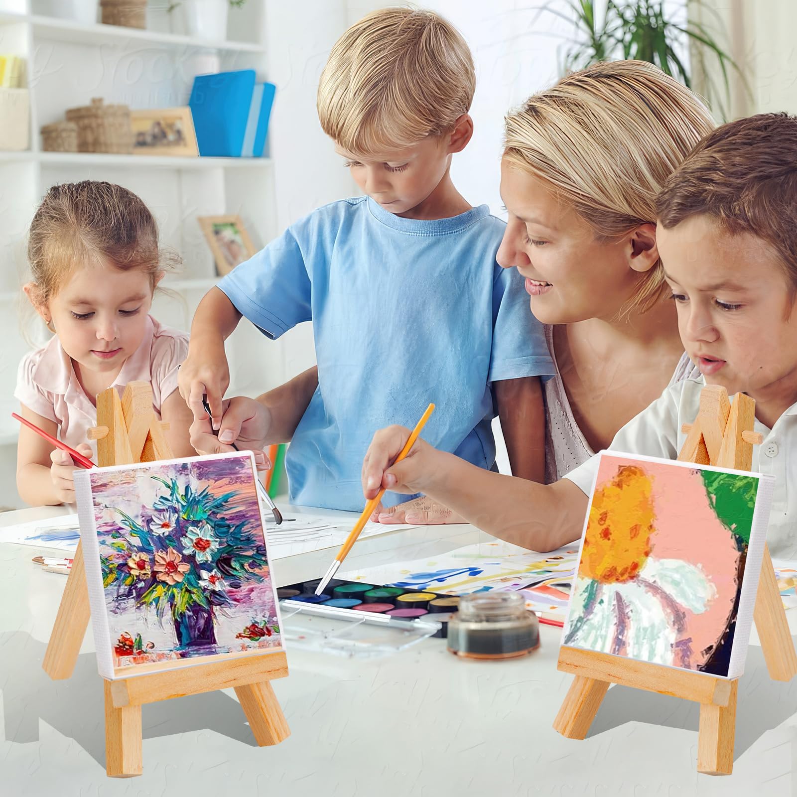 WOWOSS 12 Pack 5" Mini Wood Display Easel, Natural Wooden Tripod Holder Stand for Displaying Small Canvases, Business Cards, Photos