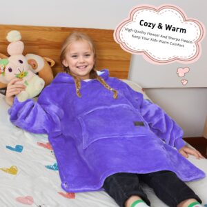 Solaris Wearable Blanket Hoodie for Kids - Warm Soft Gift, Oversized Cozy Sherpa Fleece Sweatshirt Pullover for Teens, Girls, Boys, Large Pocket, Purple