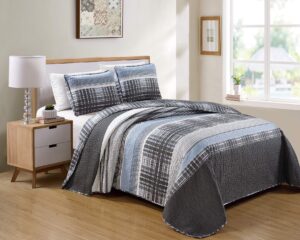 kids zone home linen charcoal white light grey stripe plaid pattern unisex bedspread new (twin/twin extra long)