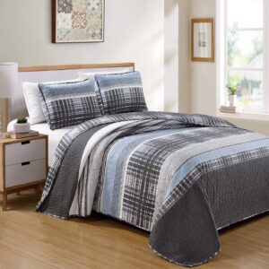 Kids Zone Home Linen Charcoal White Light Grey Stripe Plaid Pattern Unisex Bedspread New (Twin/Twin Extra Long)