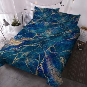 blessliving bedding duvet cover set blue marble gold glitter pattern on comforter cover 3 pieces 1 duvet cover 2 pillowcases natural stone abstract duvet cover with zipper closure (king)