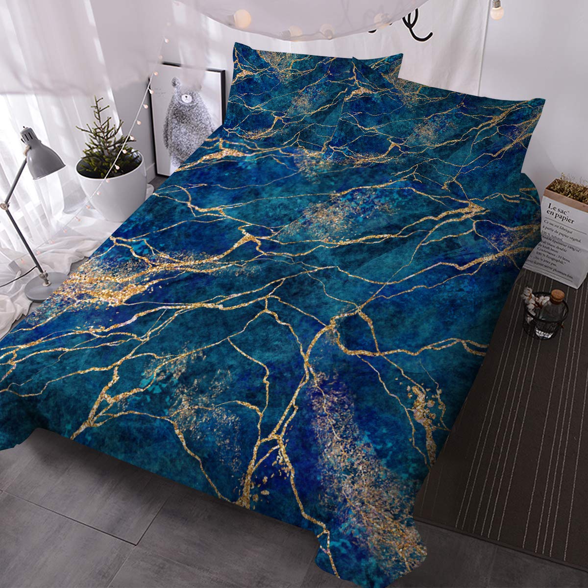 BlessLiving Bedding Duvet Cover Set Blue Marble Gold Glitter Pattern on Comforter Cover 3 Pieces 1 Duvet Cover 2 Pillowcases Natural Stone Abstract Duvet Cover with Zipper Closure (King)