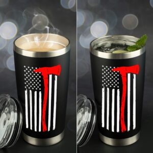 Firefighter Gifts for Men | Stainless Steel Travel Tumbler/Mug with Lid for Coffee Cup| Thin Red Line Flag Design for Fireman | Fire Department | First Responder Valentine's Day Gift (20oz Black)