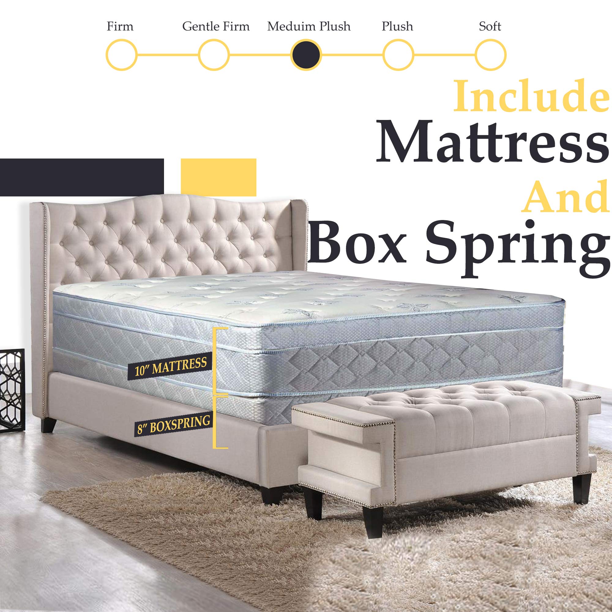 Nutan 10-Inch Plush Foam Encased Hybrid Eurotop Innerspring Mattress and 8" Wood Boxspring/Foundation Set, Twin