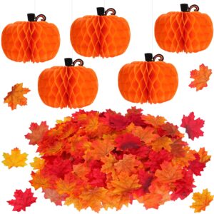 willbond 5 pieces fall tissue paper pumpkin and 200 pieces autumn maple leaves fall artificial pumpkin honeycomb maple leaves for halloween thanksgiving fall festival holiday party favor