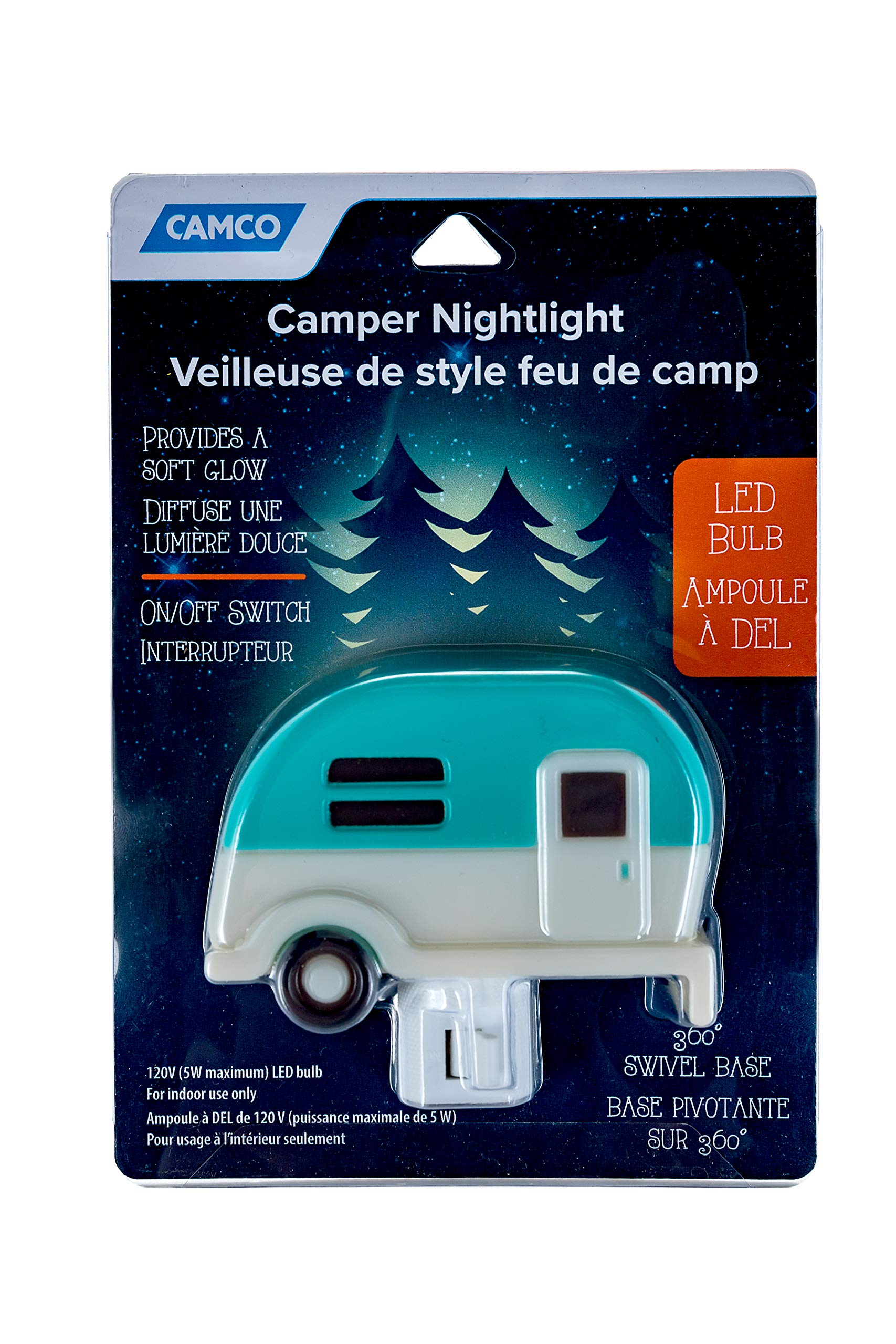 Camco Camper Nightlight | Features A 360-Degree Swivel Base | Includes (1) 120V LED Bulb | Blue Color (53103),One Size