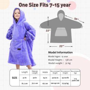 Solaris Wearable Blanket Hoodie for Kids - Warm Soft Gift, Oversized Cozy Sherpa Fleece Sweatshirt Pullover for Teens, Girls, Boys, Large Pocket, Purple