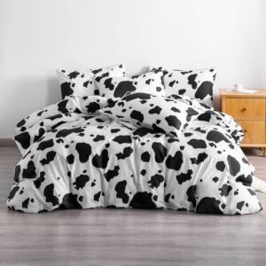 ntbay microfiber queen duvet cover set, 3 pieces ultra soft cow printed comforter cover set with zipper closure and corner ties, black and white