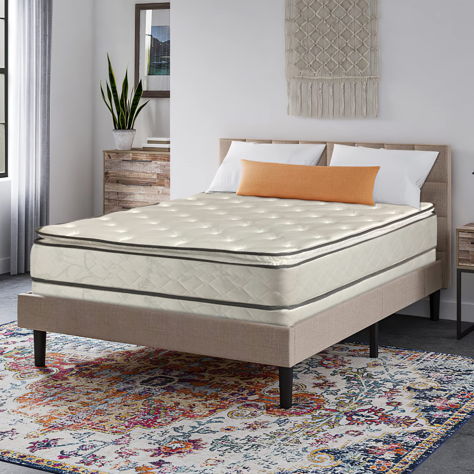 NUTAN 10-Inch Medium Plush Pillowtop Innerspring Mattress and 8" Wood Box Spring for Mattress, Queen,Beige