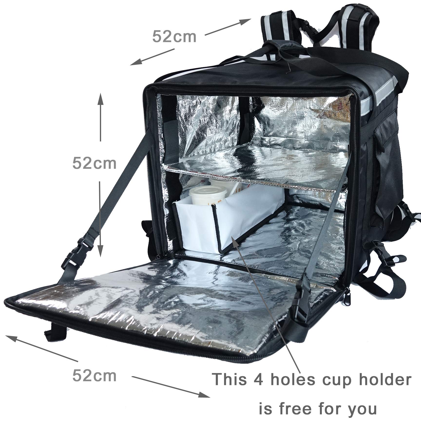 PK-140Z: Huge Heat Insulation Food Delivery Bag for Motorcycle, Big Pizza Delivery Bags for Bicycle/Scooter, 2 Layers, Rigid Frame, Side Loading, 20" x 20" x 20"