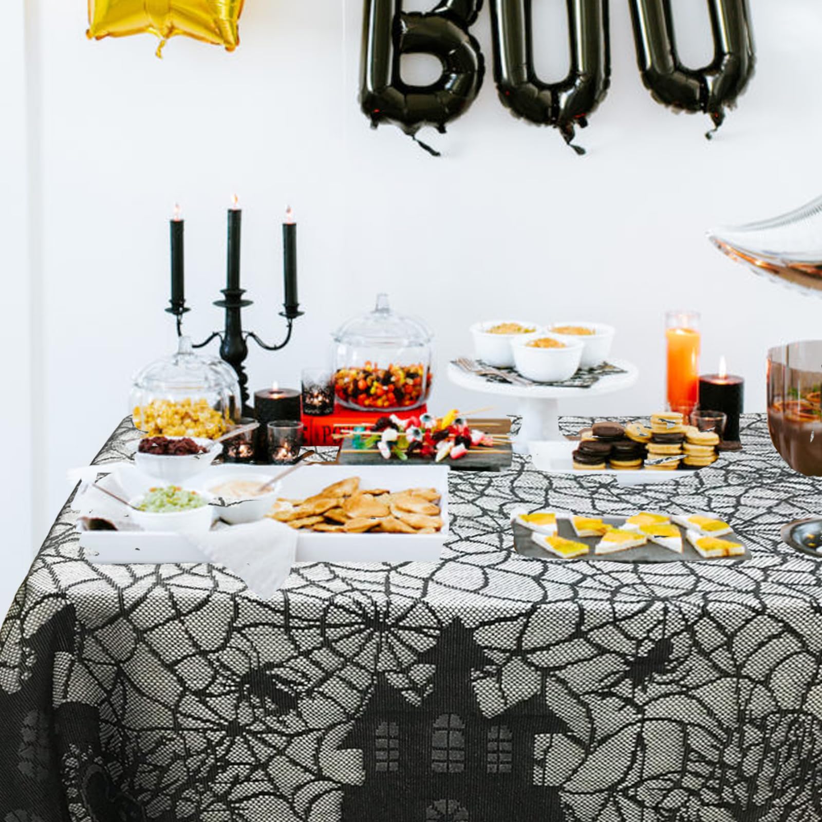 Joysail Halloween Tablecloth - Gothic Black Lace Spider Web Table Cover for Halloween Masquerade, Dinner Party, Scary Movie Nights Table Decorations - 54x72 Inches