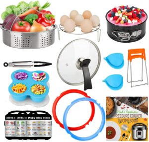 3 quart accessories for instant pot, including cake baking barrel, steamer basket, tempered glass lid, silicone sealing rings, egg steamer rack, egg bites mold