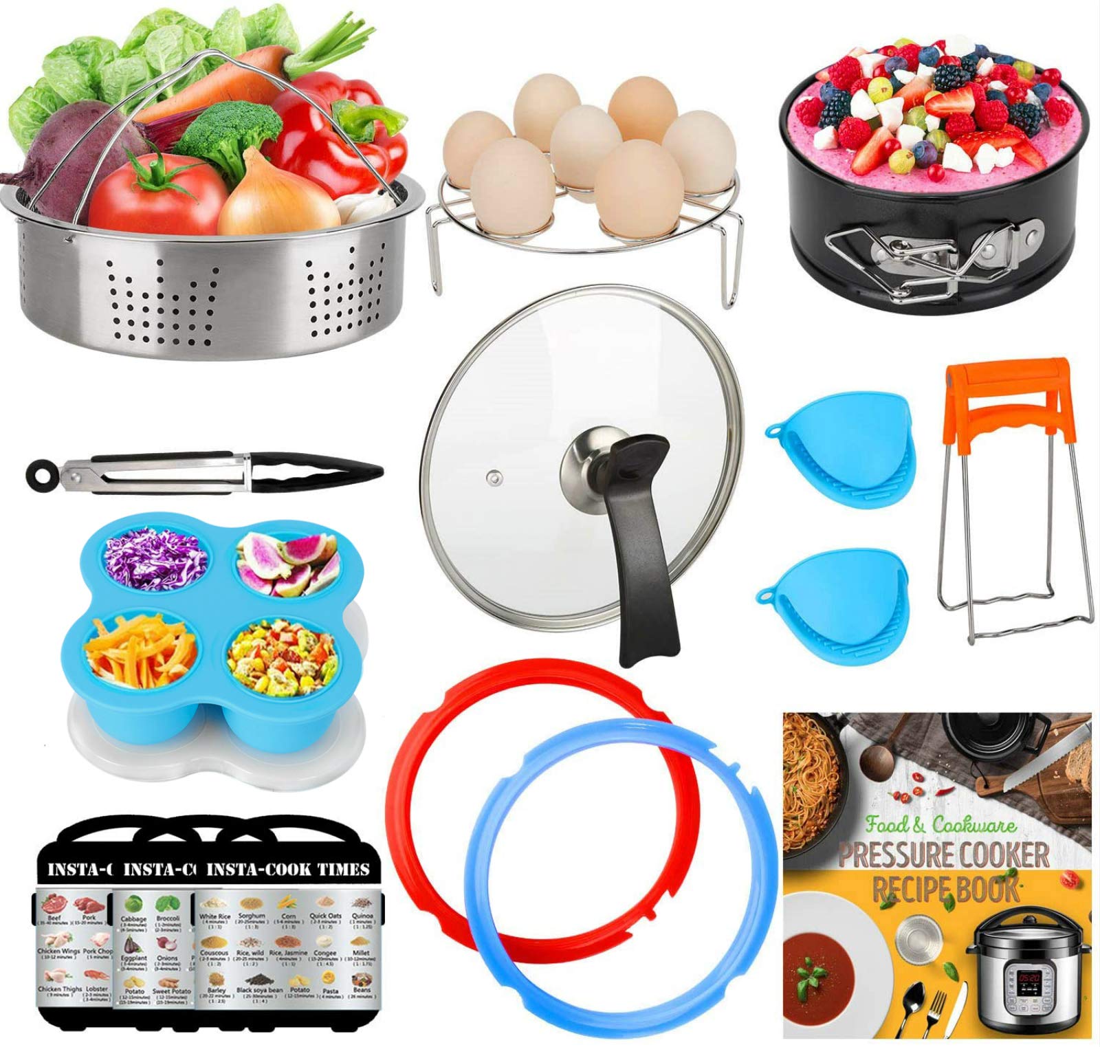 3 Quart Accessories for Instant Pot, Including Cake Baking Barrel, Steamer Basket, Tempered Glass Lid, Silicone Sealing Rings, Egg Steamer Rack, Egg Bites Mold