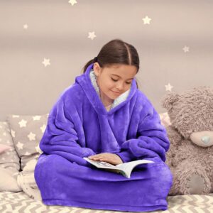 Solaris Wearable Blanket Hoodie for Kids - Warm Soft Gift, Oversized Cozy Sherpa Fleece Sweatshirt Pullover for Teens, Girls, Boys, Large Pocket, Purple