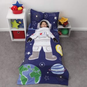 everything kids space astronaut - navy, green & yellow glow in the dark 4piece toddler bed set - comforter, flat top sheet, fitted bottom sheet & reversible pillowcase, navy, green, yellow, white