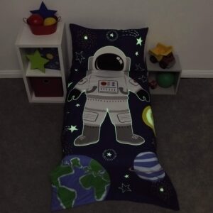 Everything Kids Space Astronaut - Navy, Green & Yellow Glow in The Dark 4Piece Toddler Bed Set - Comforter, Flat Top Sheet, Fitted Bottom Sheet & Reversible Pillowcase, Navy, Green, Yellow, White