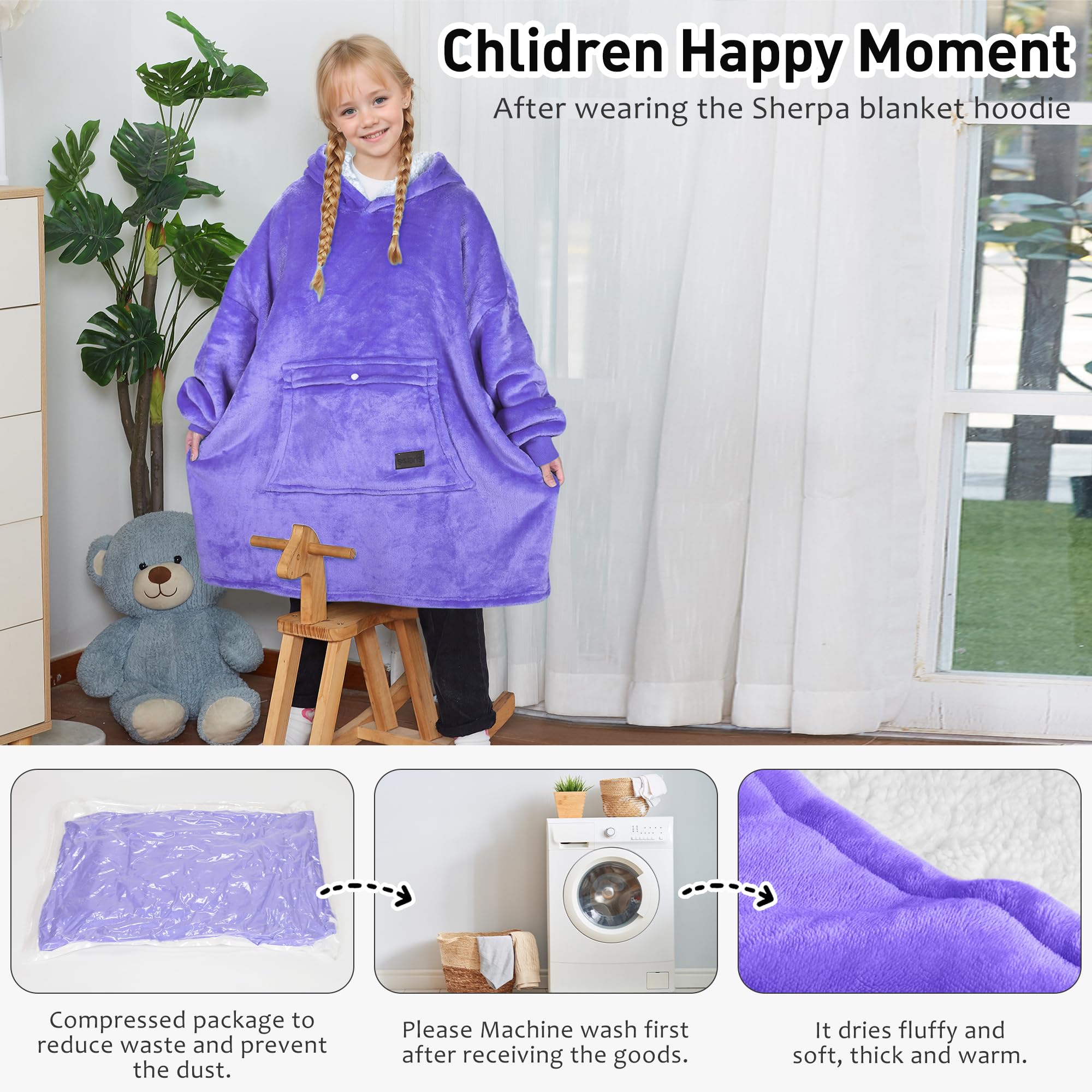 Solaris Wearable Blanket Hoodie for Kids - Warm Soft Gift, Oversized Cozy Sherpa Fleece Sweatshirt Pullover for Teens, Girls, Boys, Large Pocket, Purple