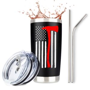 firefighter gifts for men | stainless steel travel tumbler/mug with lid for coffee cup| thin red line flag design for fireman | fire department | first responder valentine's day gift (20oz black)