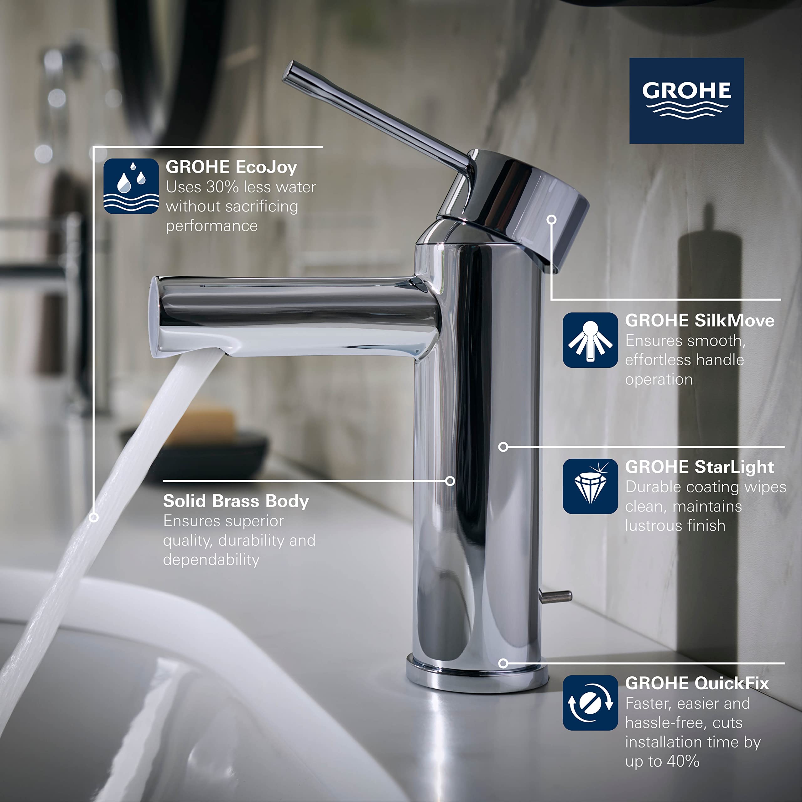 GROHE 32216GNA Essence, Single Hole Single-Handle S-Size Bathroom Faucet 1.2 GPM, Brushed Cool Sunrise (Brushed Gold)