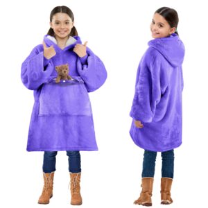 solaris wearable blanket hoodie for kids - warm soft gift, oversized cozy sherpa fleece sweatshirt pullover for teens, girls, boys, large pocket, purple