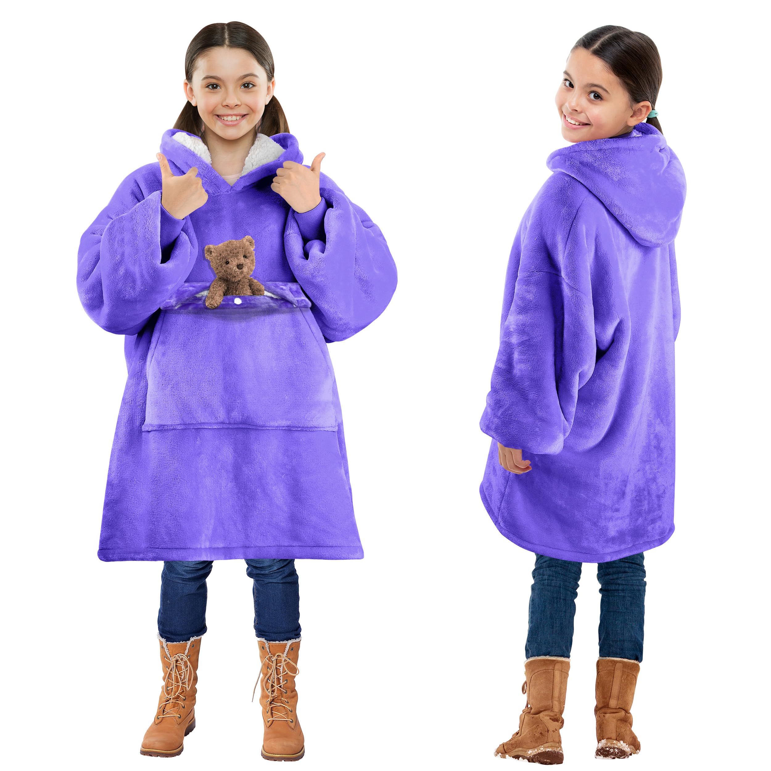 Solaris Wearable Blanket Hoodie for Kids - Warm Soft Gift, Oversized Cozy Sherpa Fleece Sweatshirt Pullover for Teens, Girls, Boys, Large Pocket, Purple