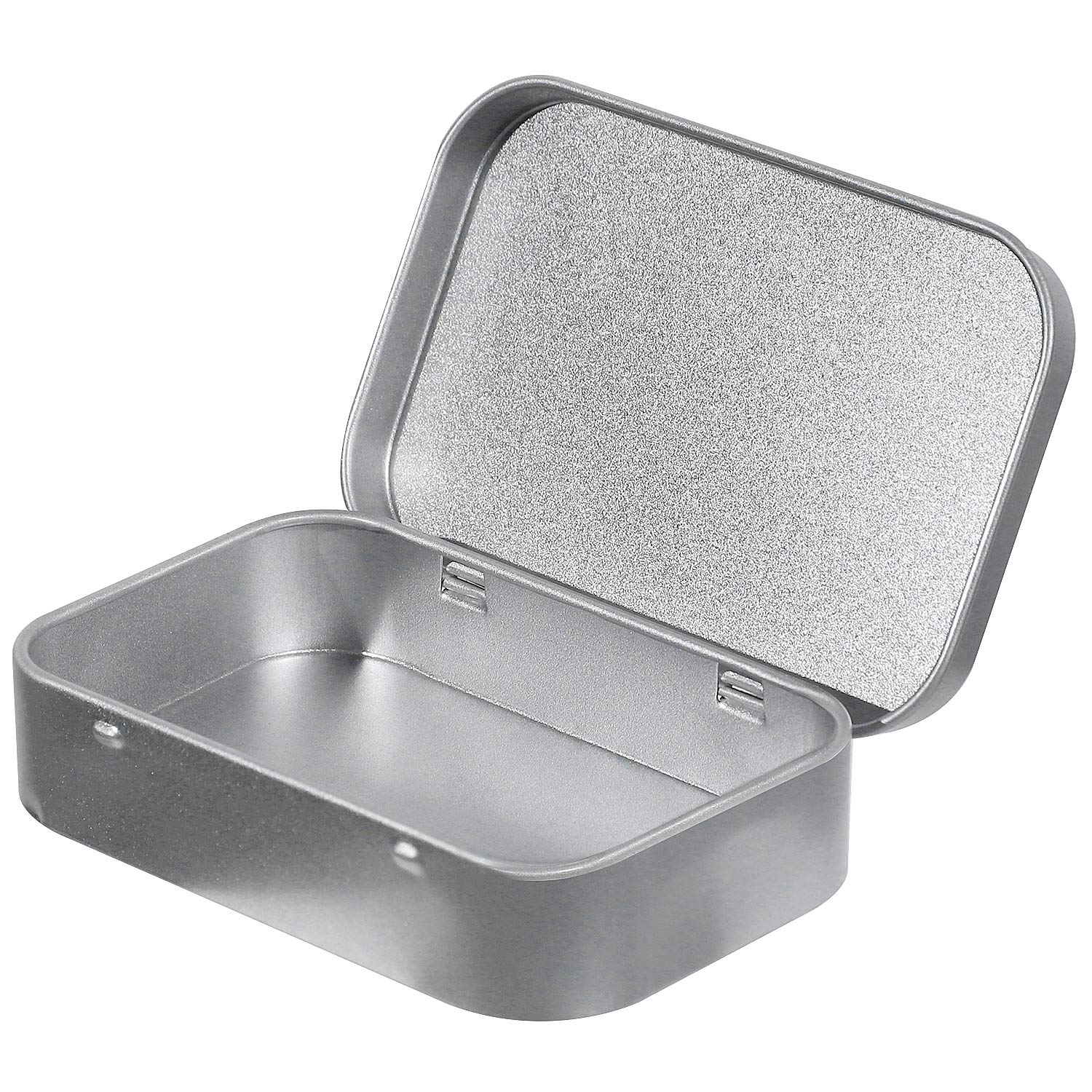 KINJOEK 42 PCS Metal Rectangular Empty Hinged Tins, 3.7 x 2.4 x 0.8 Inch Portable Sealed Containers Storage Boxes with Lids for Small items, Silver