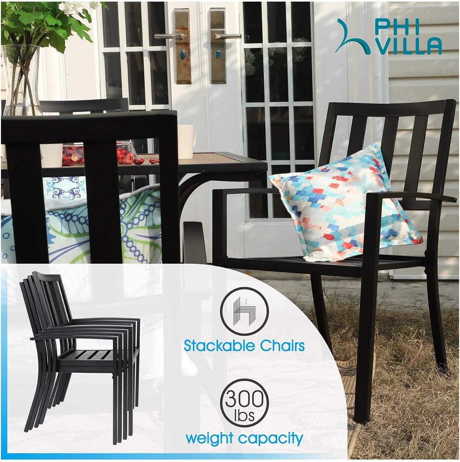 PHI VILLA Wrought Iron Patio Outdoor Dining Chairs, Portable Black Outdoor Patio Chairs Set of 4, Stackable Indoor Outdoor Bistro Deck Metal Chairs for Garden Backyard Lawn, Support 300 lbs