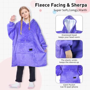 Solaris Wearable Blanket Hoodie for Kids - Warm Soft Gift, Oversized Cozy Sherpa Fleece Sweatshirt Pullover for Teens, Girls, Boys, Large Pocket, Purple