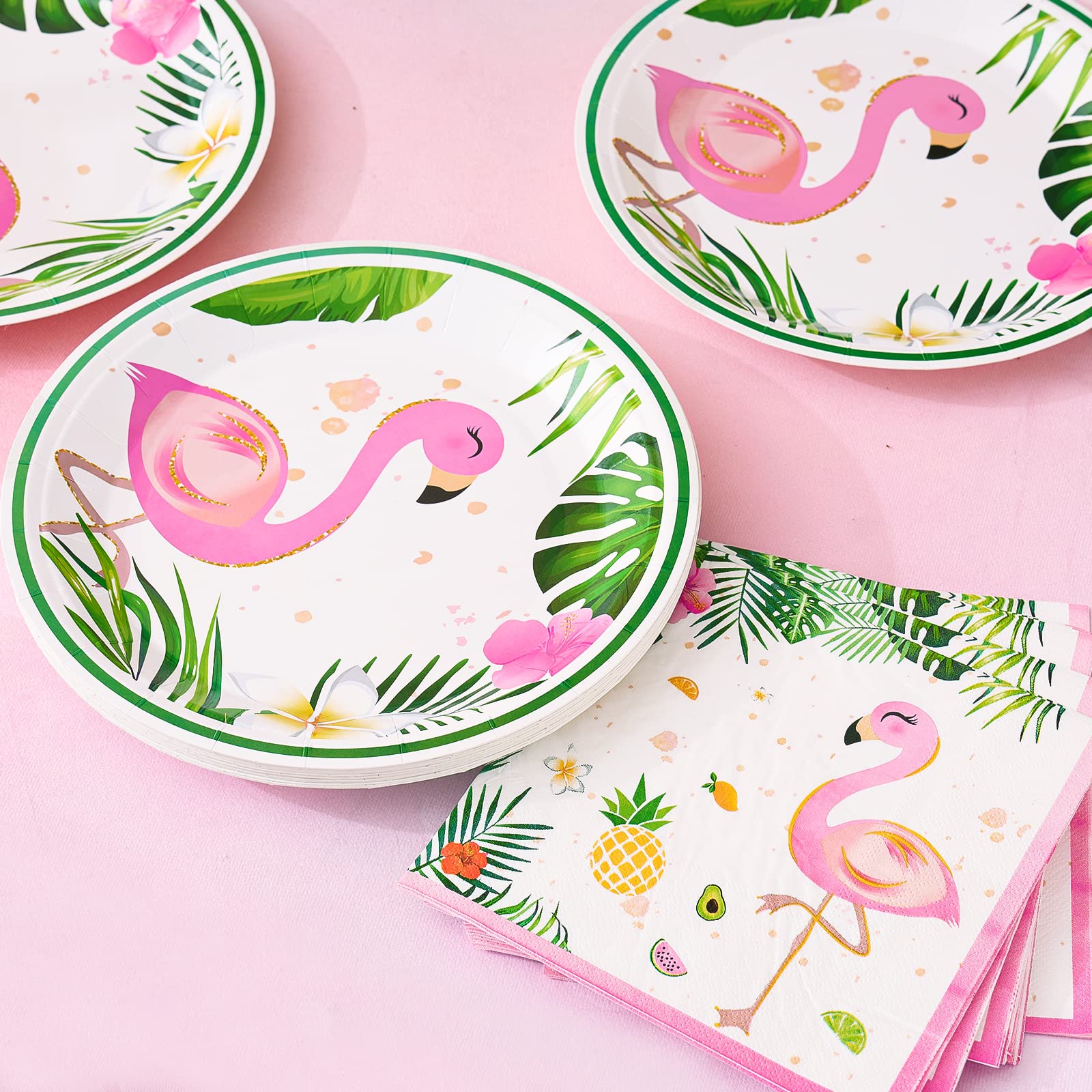 WERNNSAI Flamingo Plates and Napkins Set - Serves 50 Guests 100 PCS Hawaiian Luau Party Supplies Disposable Tableware Set Dinner Luncheon Plates Napkins for Birthday Baby Shower Wedding Party