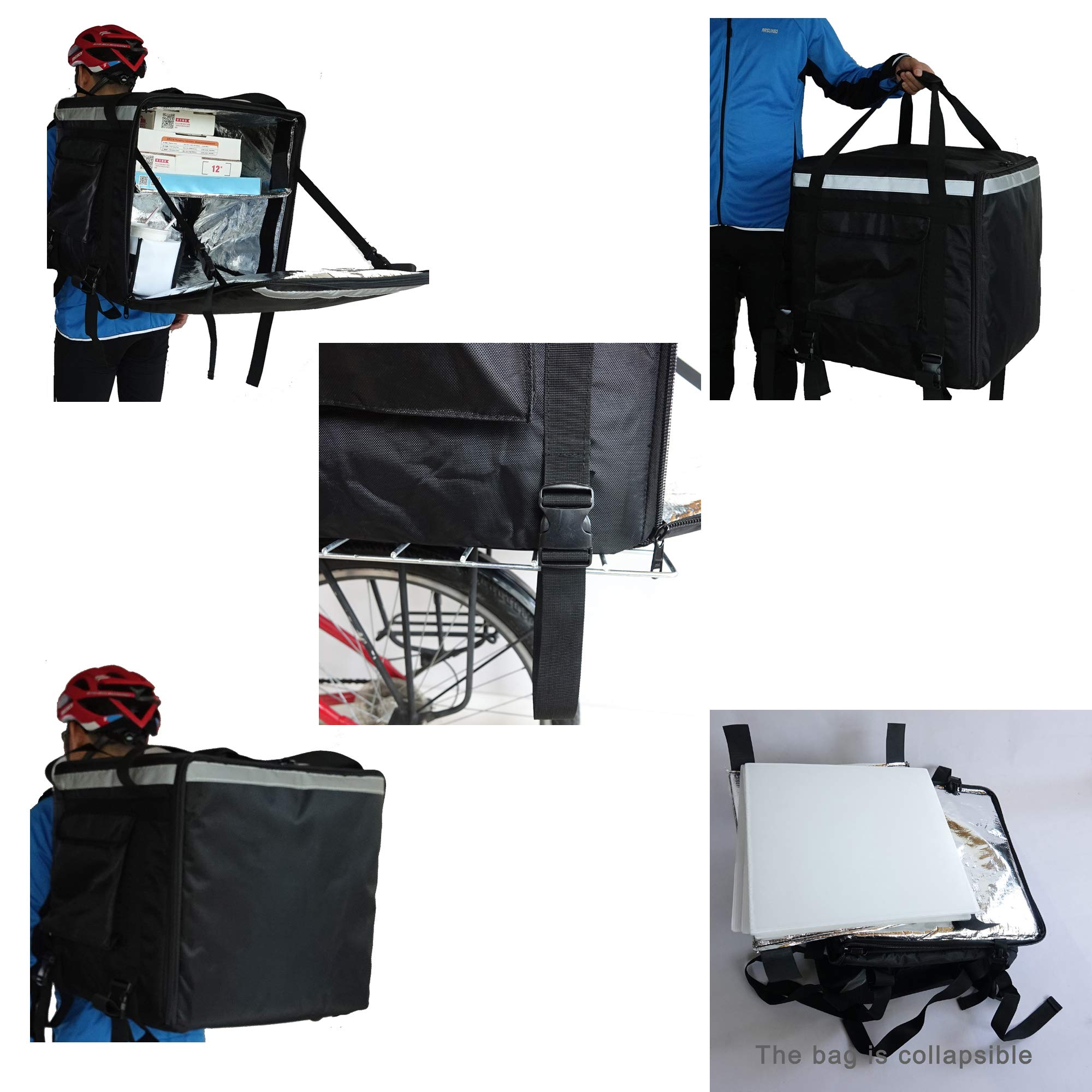 PK-140Z: Huge Heat Insulation Food Delivery Bag for Motorcycle, Big Pizza Delivery Bags for Bicycle/Scooter, 2 Layers, Rigid Frame, Side Loading, 20" x 20" x 20"