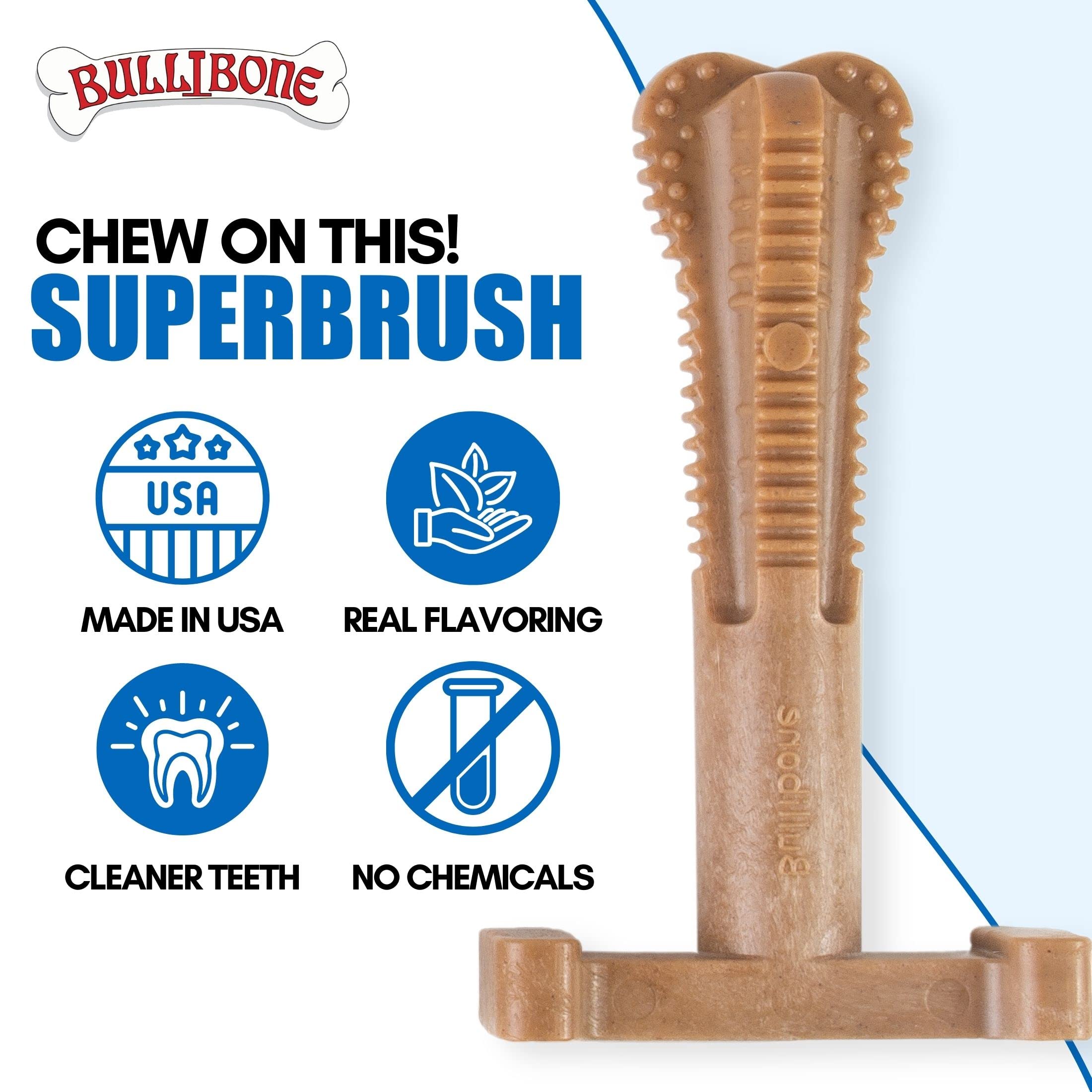 Bullibone SuperBrush: Dog Teeth Cleaning Brushing Toothbrush Stick - Long Lasting Nylon Apple Cinnamon Chew Toy for Oral Care and Dental Health