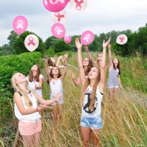 Llxieym 60 Pieces Pink Ribbon Balloons Breast Cancer Awareness Balloons Set for Party with 6 Rolls Ribbons (pink&white)