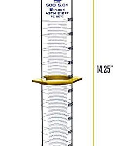 EISCO Graduated Cylinder, 500mL - ASTM, Class B Tolerance ±4.00mL - Protective Collar, Hexagonal Base - Blue Graduations - Borosilicate 3.3 Glass