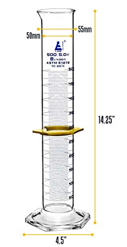 EISCO Graduated Cylinder, 500mL - ASTM, Class B Tolerance ±4.00mL - Protective Collar, Hexagonal Base - Blue Graduations - Borosilicate 3.3 Glass