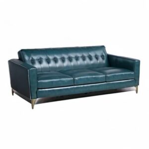 MAKLAINE 86" Top Grain Genuine Leather Tufted 3 Seater Sofa, Mid Century Modern Couch with Excellent Craftsmanship, Turquoise