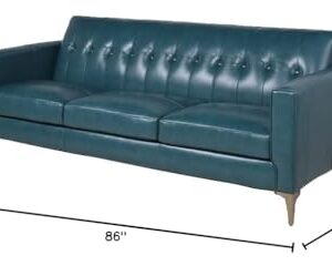 MAKLAINE 86" Top Grain Genuine Leather Tufted 3 Seater Sofa, Mid Century Modern Couch with Excellent Craftsmanship, Turquoise