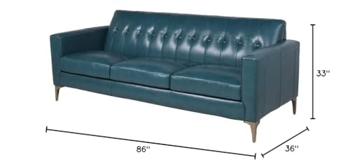 MAKLAINE 86" Top Grain Genuine Leather Tufted 3 Seater Sofa, Mid Century Modern Couch with Excellent Craftsmanship, Turquoise