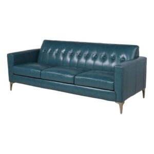 maklaine 86" top grain genuine leather tufted 3 seater sofa, mid century modern couch with excellent craftsmanship, turquoise