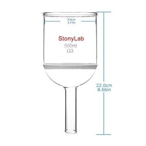 StonyLab Borosilicate Glass Buchner Filtering Funnel with Fine Frit (G3), 94mm Inner-Diameter, 100mm Depth (500 ml)