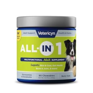 Vetericyn All-in 1 Multifunctional Dog Supplement | Digestive Enzymes + Glucosamine and Chondroitin for Bone and Joint Support + Vitamins, Antioxidants, Prebiotics, Probiotics, and Omegas. 90 Count