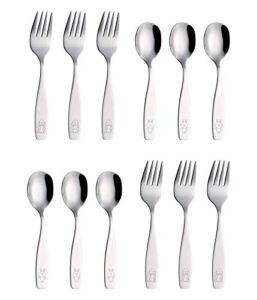 annova kids silverware 12 pieces children's safe flatware set stainless steel - 6 x safe forks, 6 x children dinner spoons, toddler utensils, metal cutlery set for lunchbox (engraved dog bunny)