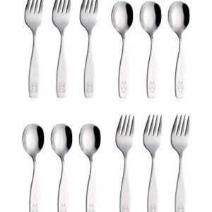 ANNOVA Kids Silverware 12 Pieces Children's Safe Flatware Set Stainless Steel - 6 x Safe Forks, 6 x Children Dinner Spoons, Toddler Utensils, Metal Cutlery Set for Lunchbox (Engraved Dog Bunny)