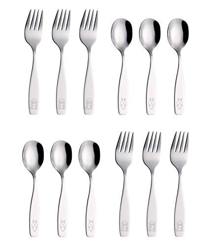 ANNOVA Kids Silverware 12 Pieces Children's Safe Flatware Set Stainless Steel - 6 x Safe Forks, 6 x Children Dinner Spoons, Toddler Utensils, Metal Cutlery Set for Lunchbox (Engraved Dog Bunny)