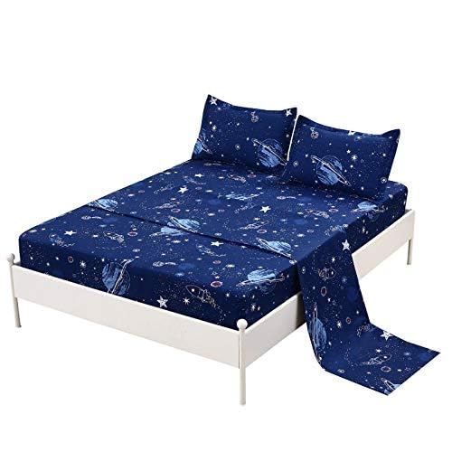 MAG 4 Pcs Bedding Set Space Sheets Galaxy Sheets Planets Stars Rockets Twin Sheet Set for Kids Teens and Space-Lovers, Super Soft Microfiber, Twin Size