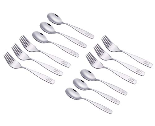 ANNOVA Kids Silverware 12 Pieces Children's Safe Flatware Set Stainless Steel - 6 x Safe Forks, 6 x Children Dinner Spoons, Toddler Utensils, Metal Cutlery Set for Lunchbox (Engraved Dog Bunny)